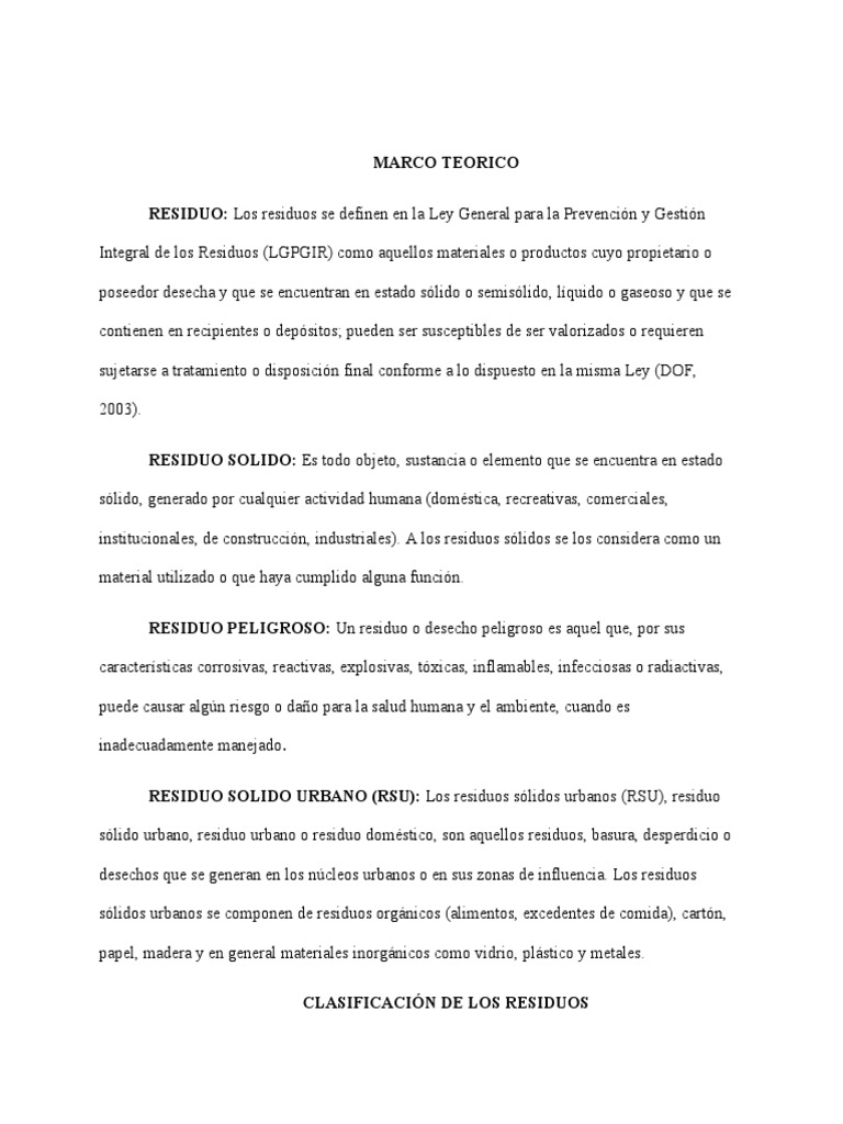 Marco Teorico | PDF | Residuos sólidos urbanos | Residuos