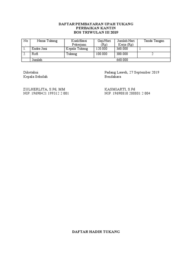 Daftar Pembayaran Upah Tukang | PDF