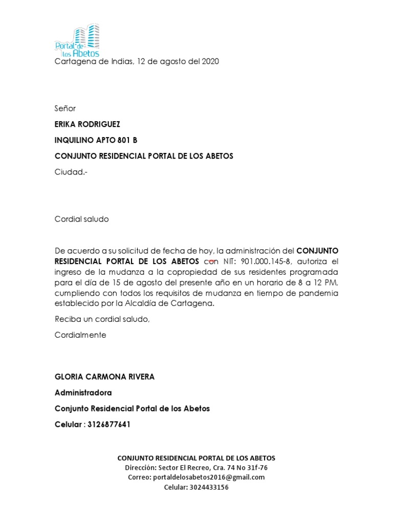 Carta Mudanza Apto 801 B | PDF