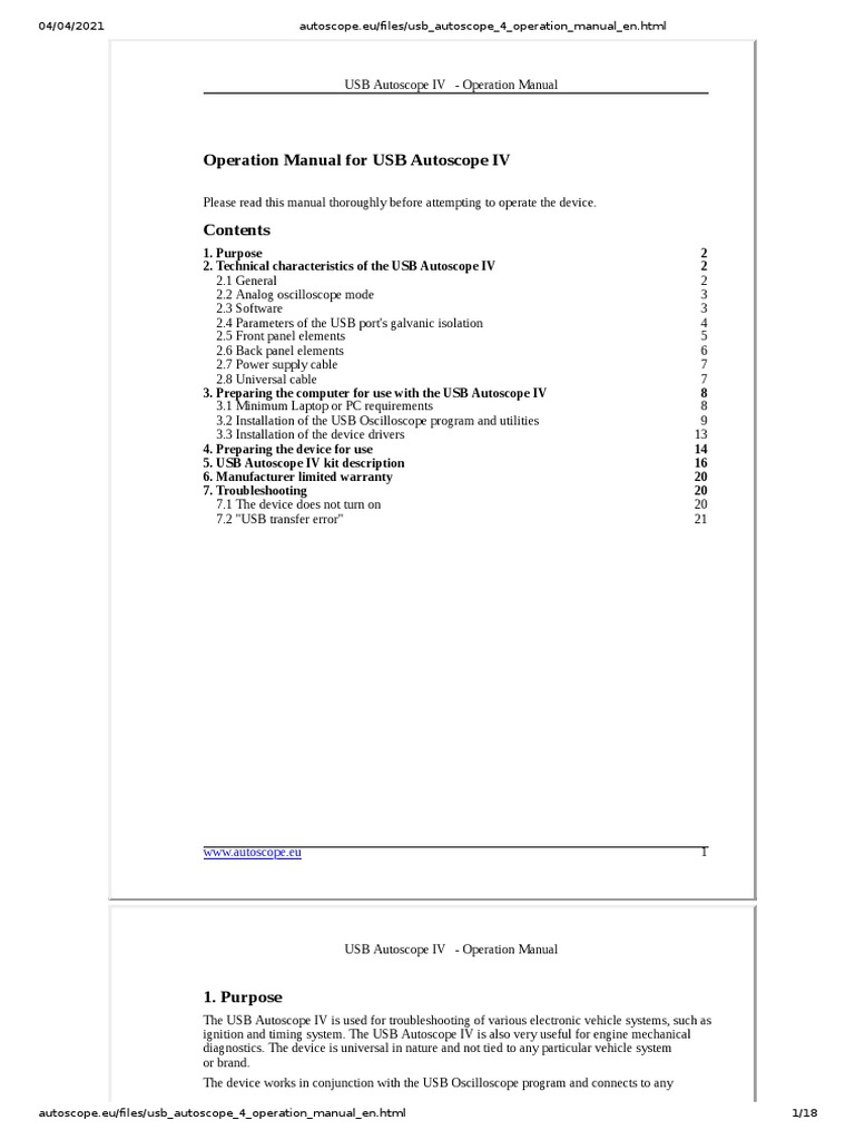 Operation Manual For USB Autoscope IV | PDF | Usb | Device Driver
