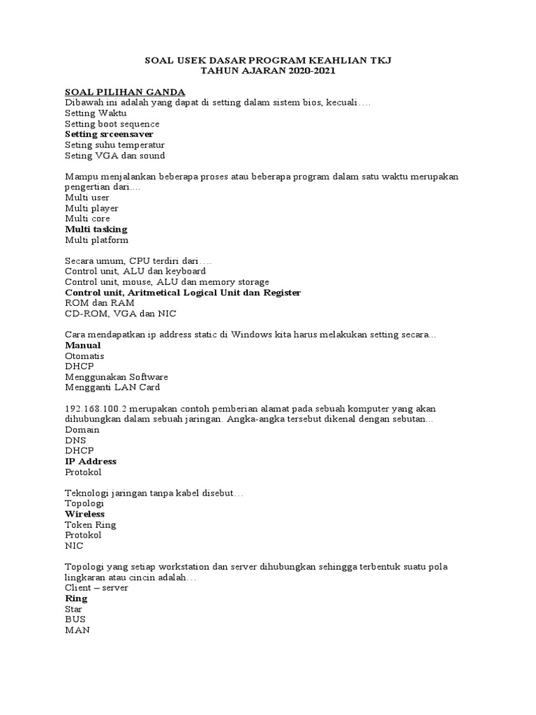 Soal USPBK Dasar Program Keahlian TKJ CBT 20-21 | PDF | Game & Aktivitas | Komputer