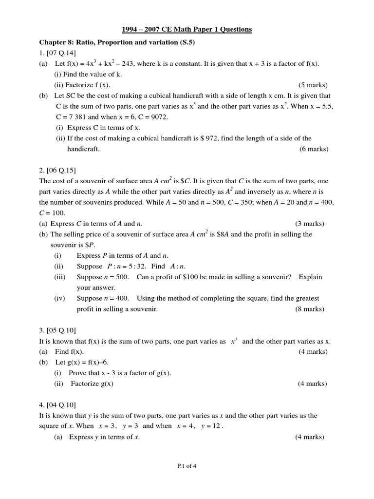 1994 - 2007 CE Math Paper 1 Questions Chapter 8: Ratio, Proportion and ...