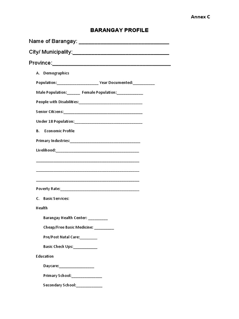 Annex C - Barangay Profile | PDF | Governance | Policy