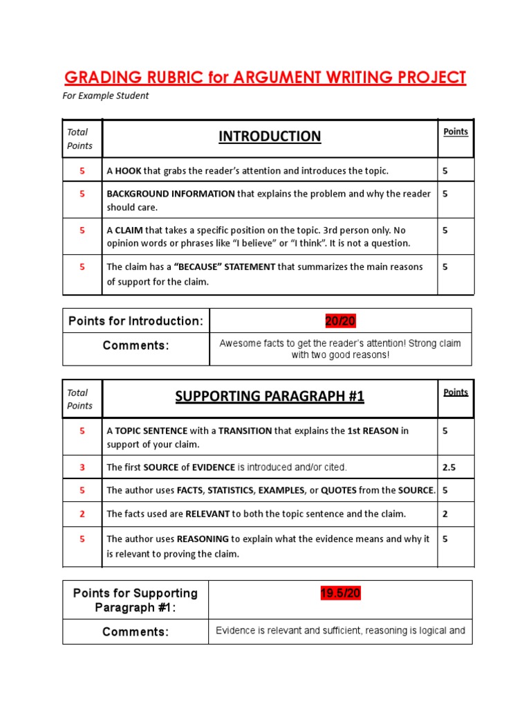 Example Student Grading Checklist For Argument Writing Project | PDF ...
