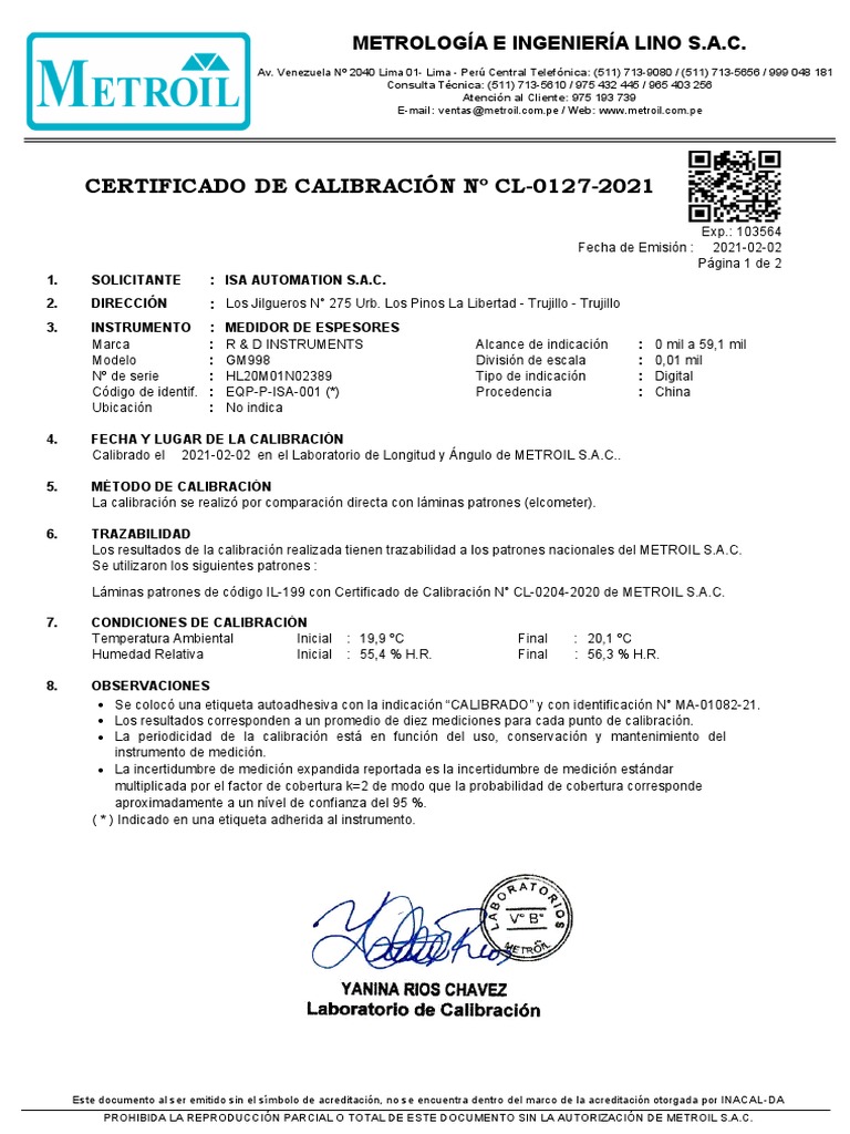 Certificado - Medidor de Espesores | PDF