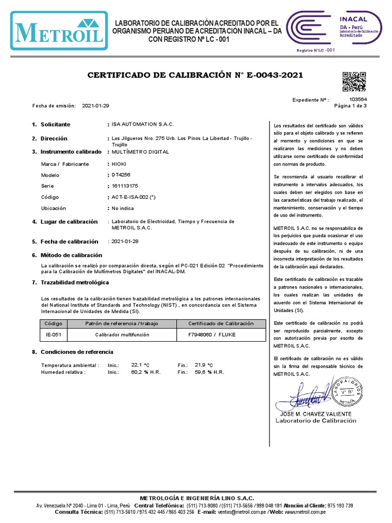 Certificado - Multimetro Hioki | PDF | Calibración | Teoría de la medida