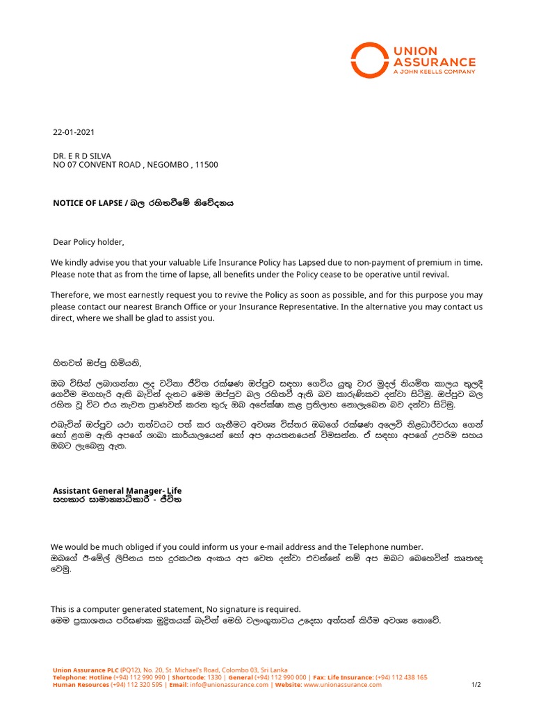 Notice of Lapse | PDF | Life Insurance | Insurance