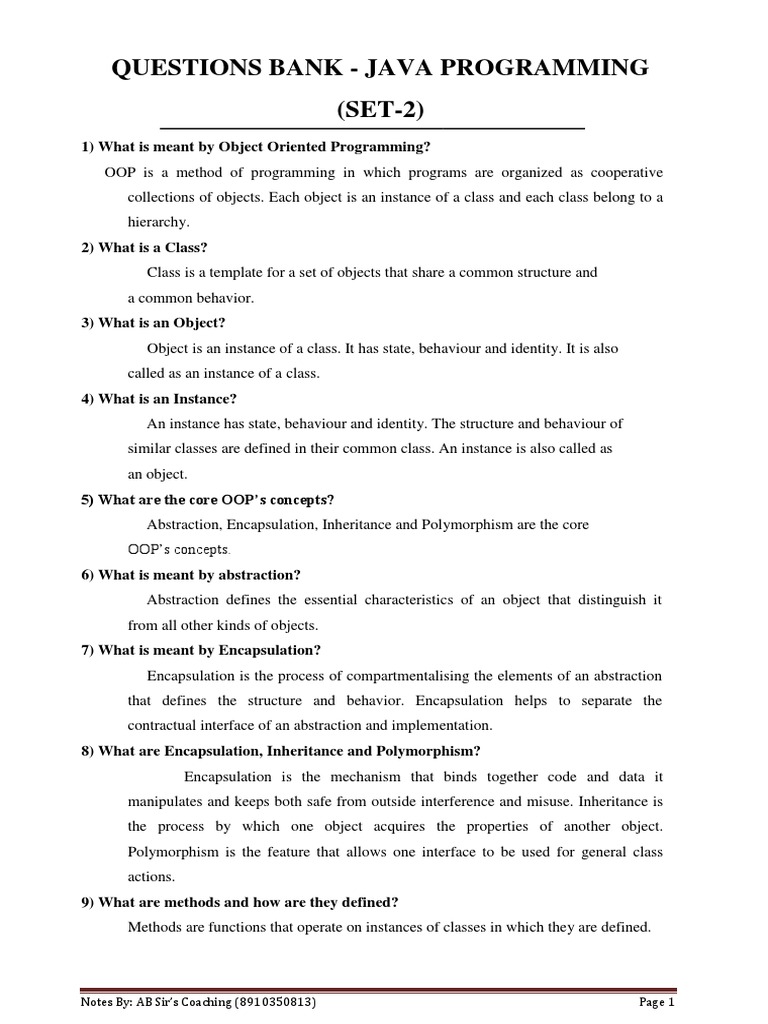 Core Java Question Bank Set 2 Download Free Pdf Class Computer Programming Inheritance