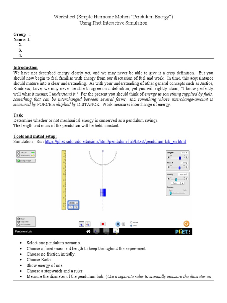 Worksheet (Simple Harmonic Motion "Pendulum Energy") Using Phet ...