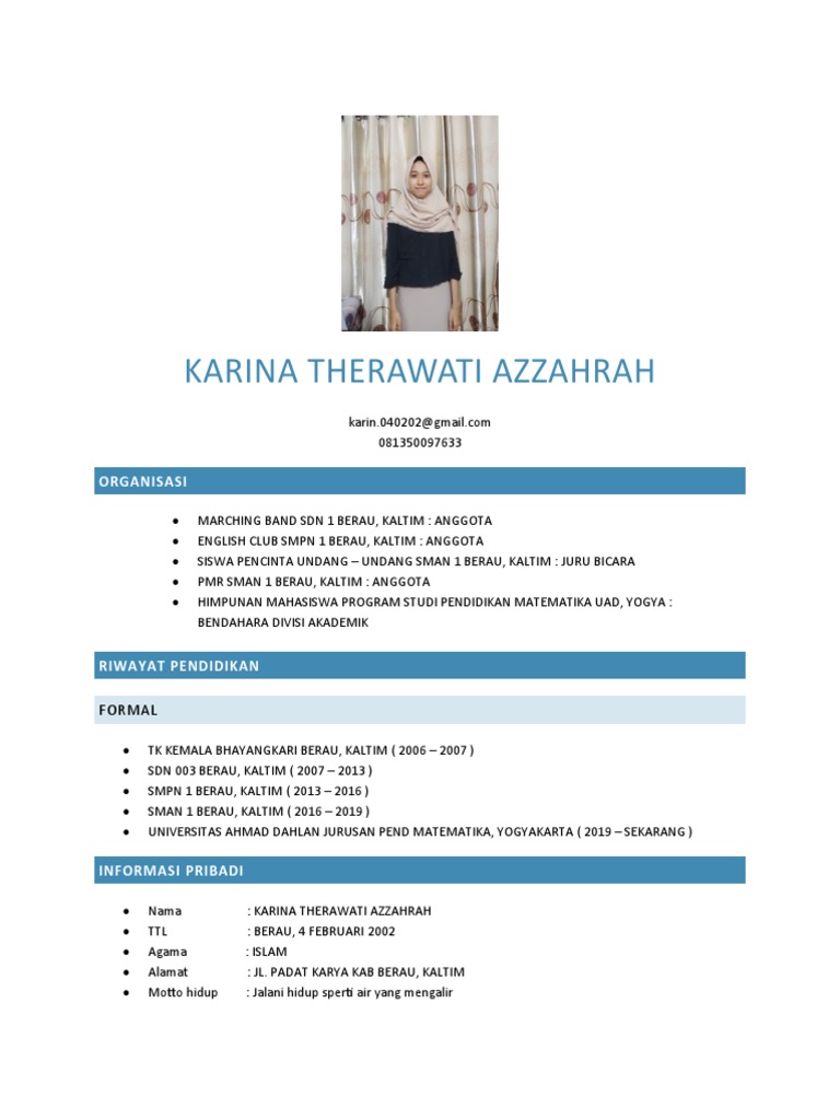 Riwayat Hidup Karina Azzahrah untuk Beasiswa | PDF | Olahraga ...