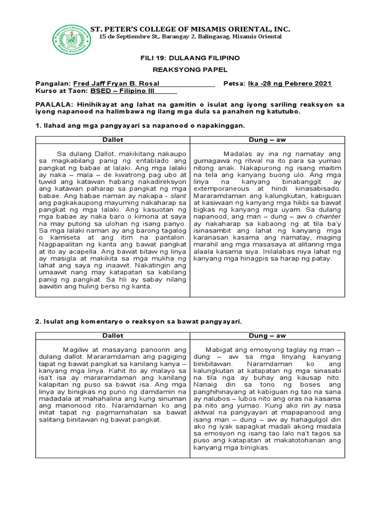 Reaksyong Papel 1 | PDF