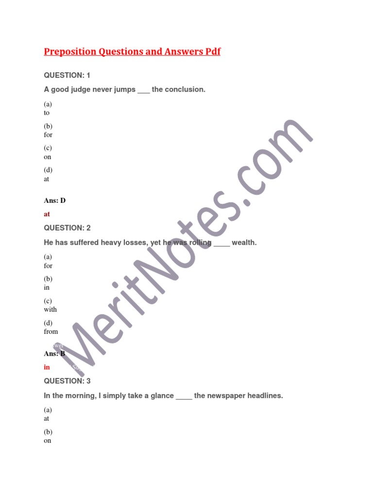 Preposition Questions and Answers PDF: A Good Judge Never Jumps - The ...