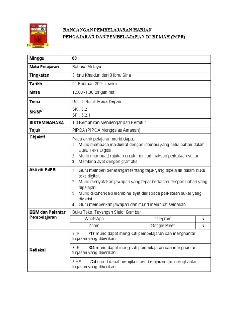 CONTOH RPH PDPR | PDF | Karier & Perkembangan | Kajian Bahasa Asing