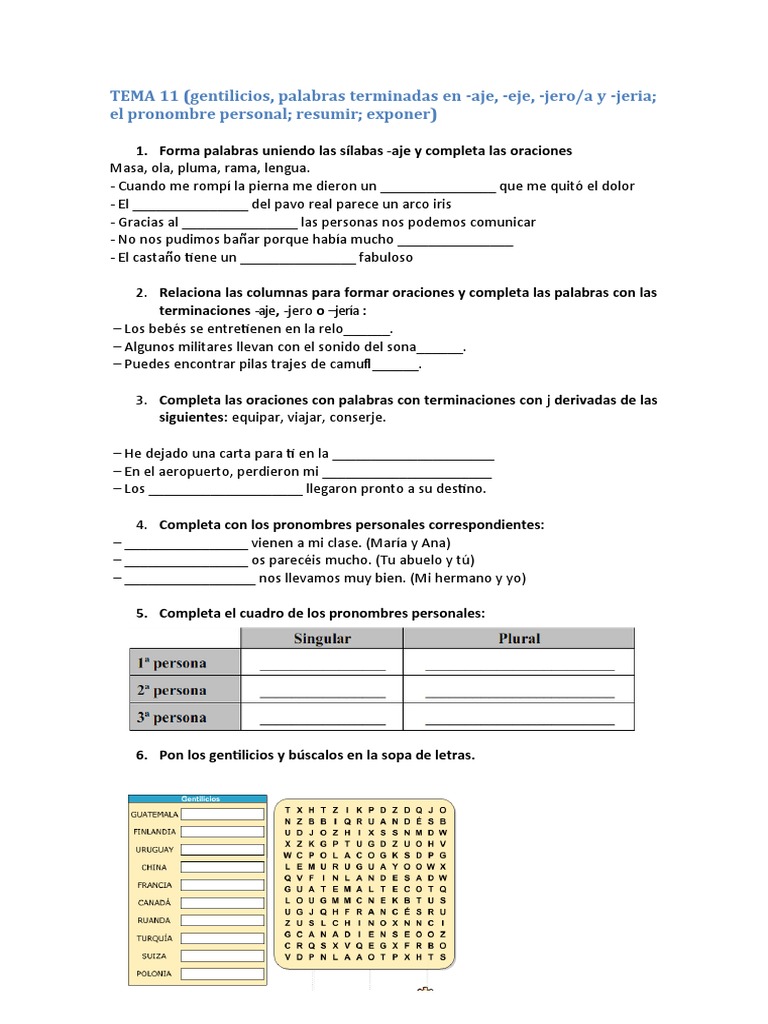 Tema 11 (Gentilicios, Palabras Terminadas en - Aje, - Eje, - Jeroa y ...