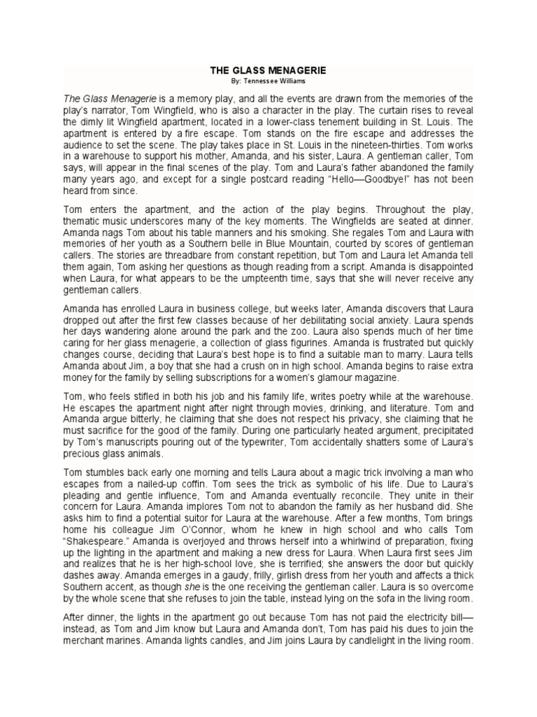 The Glass Menagerie Is A Memory Play, and All The Events Are Drawn From ...