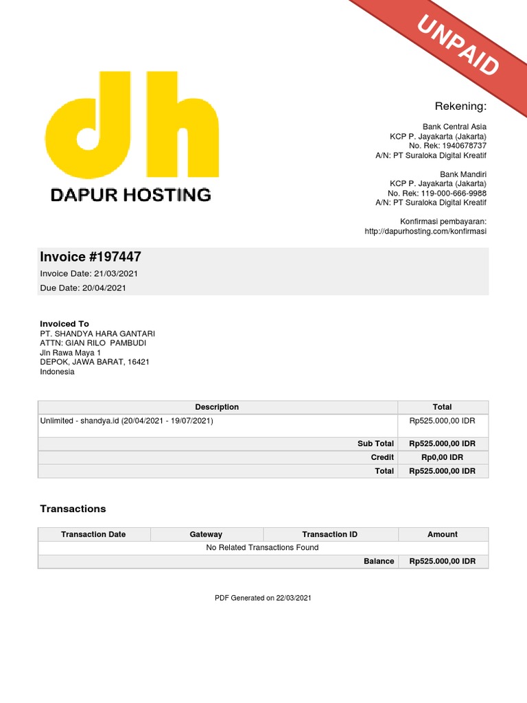 Invoice-197447 Hosting Per 3 Bulan | PDF | Indonesia | Indonesian Rupiah