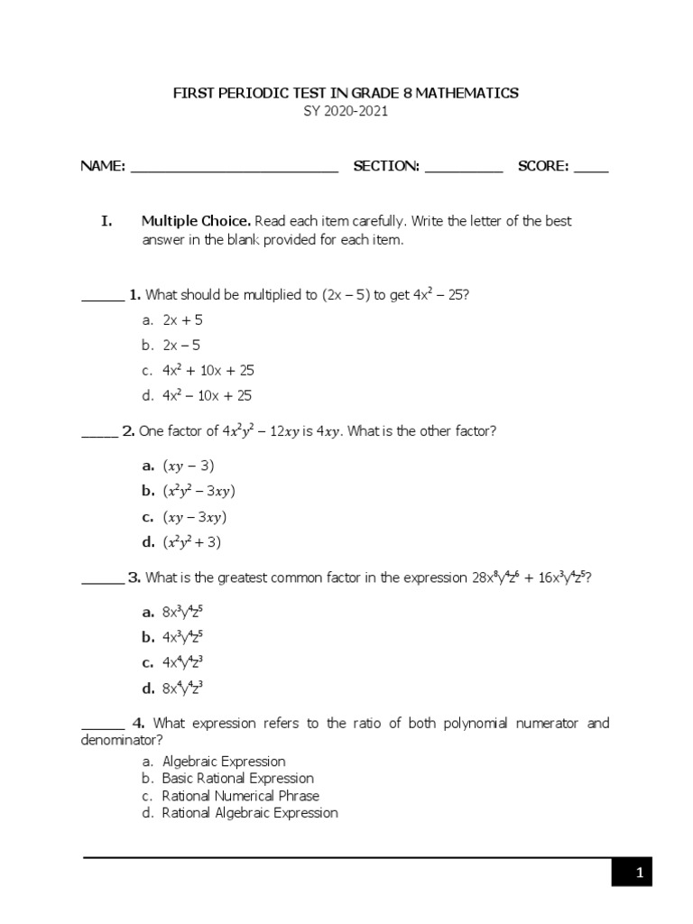 First Periodic Test in Grade 8 Mathematics | PDF | Factorization | Algebra