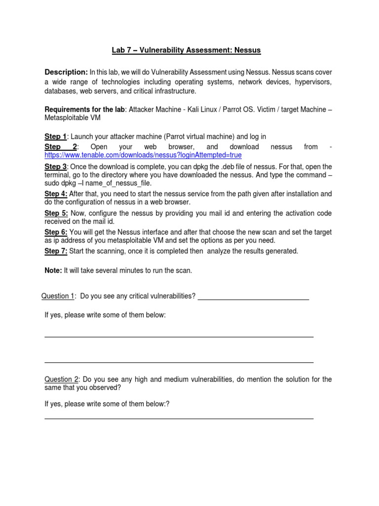 Nessus Vulnerability Assessment Lab Guide | PDF
