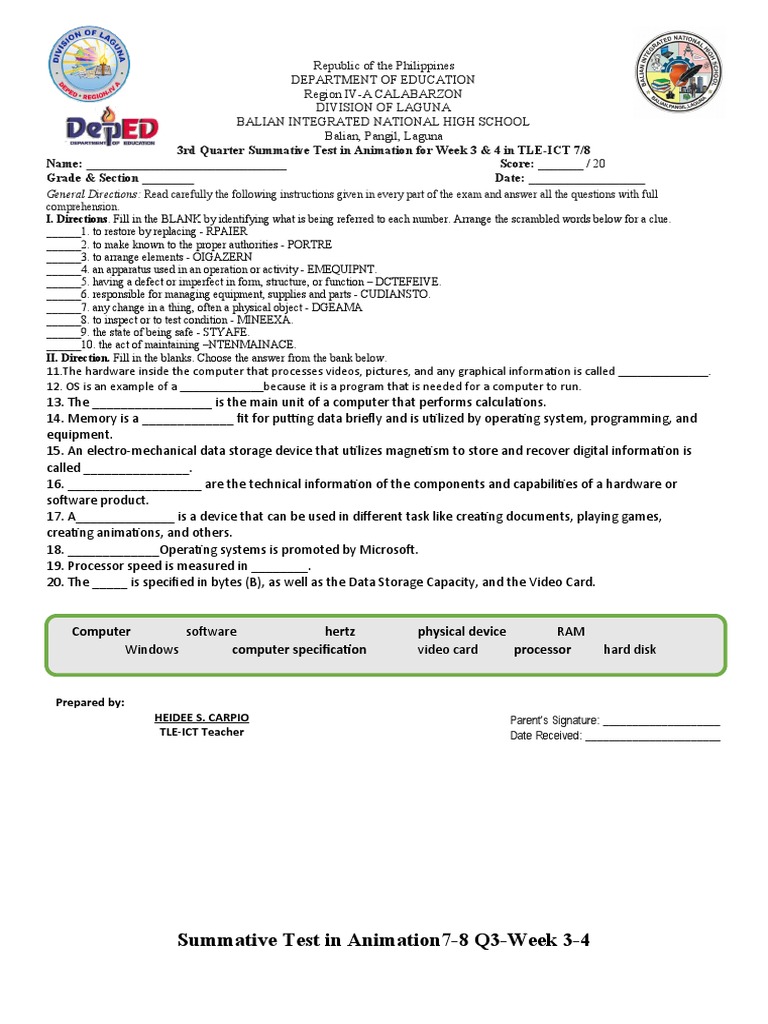 3rd Quarter Summative Test in Animation For Week 3 - 4 Grade 7-8-HSC ...