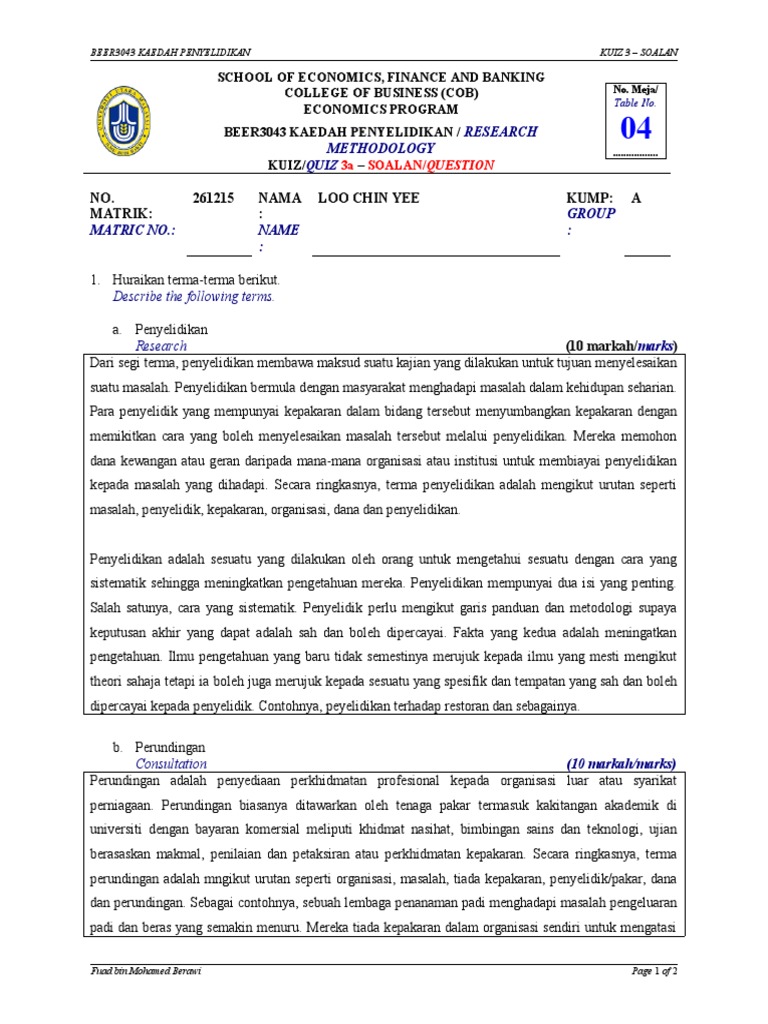 Beer3043 (A) Latihan3a 04 261215 Loo Chin Yee | PDF