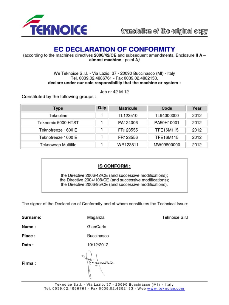 EC Declaration of Conformity (Macchina) - Eng | PDF | Technology & Engineering