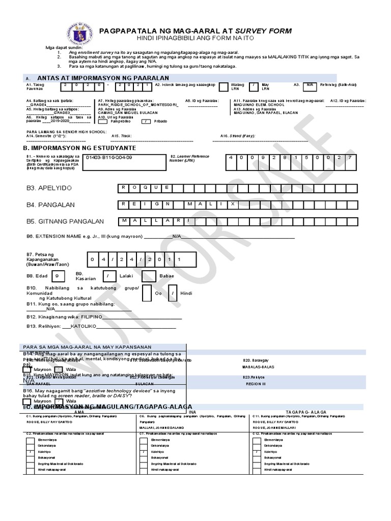 Learner Enrollment and Survey Form Filipino 1 | PDF