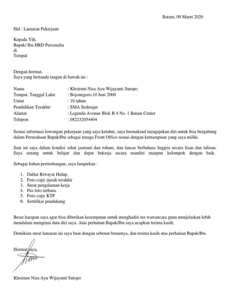 Surat Lamaran Kerja Front Office-Khoirum Nisa Ayu | PDF