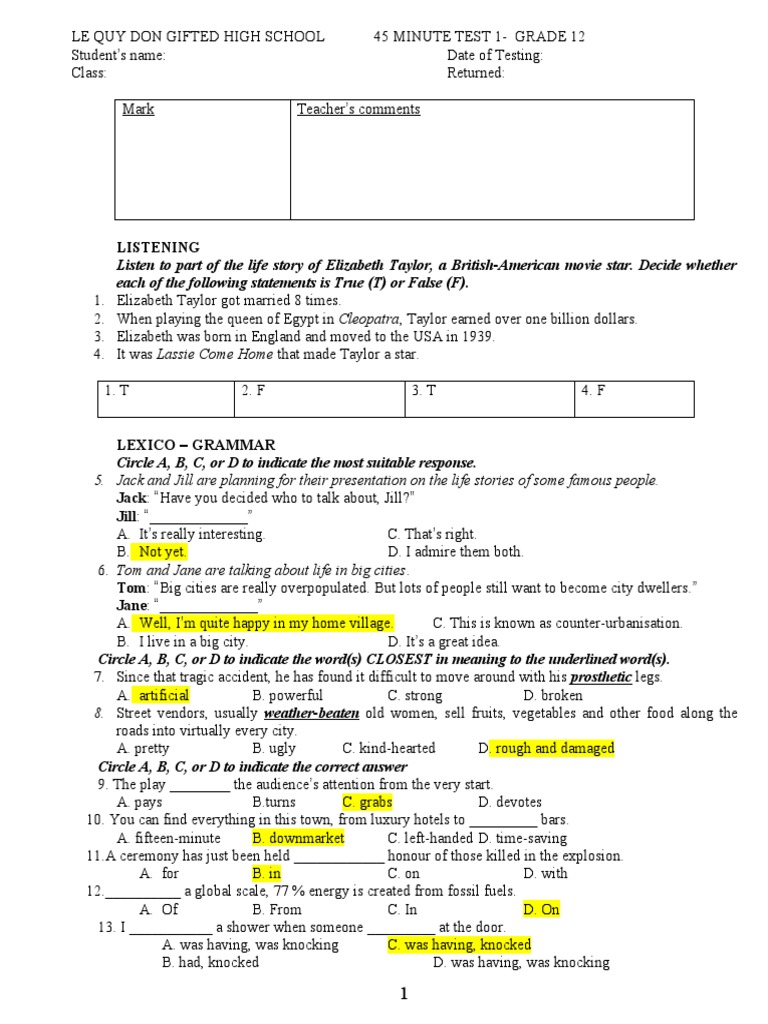 45 MINUTE TEST 1 - KEY - Oficial | PDF | Southern California | Los Angeles