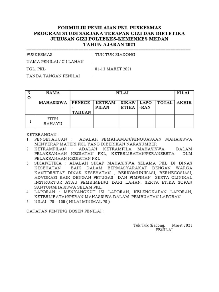 Formulir Penilaian PKL Puskesmas | PDF
