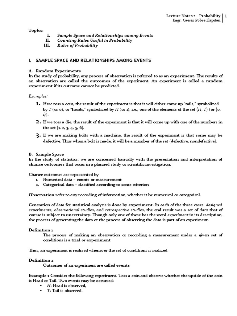 Lecture Notes 2 Probability | PDF | Experiment | Probability And Statistics