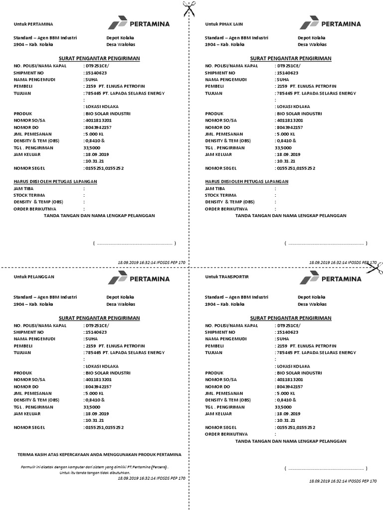 Surat Pengantar Pengiriman Bahan Bakar Minyak dari Depot Kolaka ke PT. Lapada Selaras Energy | PDF
