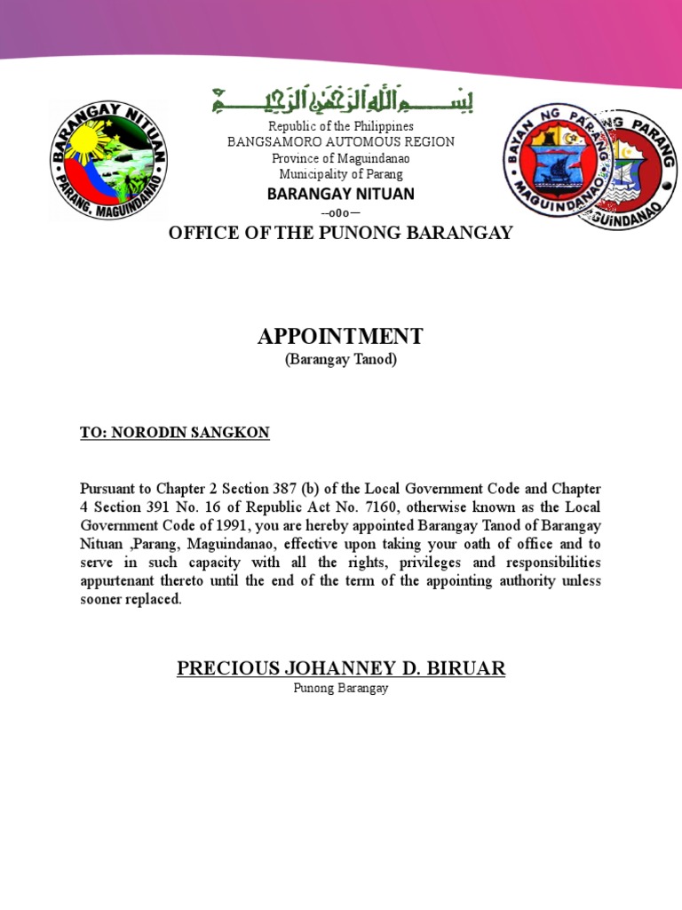 Appointment: Office of The Punong Barangay | PDF