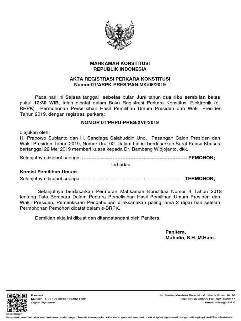 Akta Registrasi Perkara Konstitusi 2019 | PDF