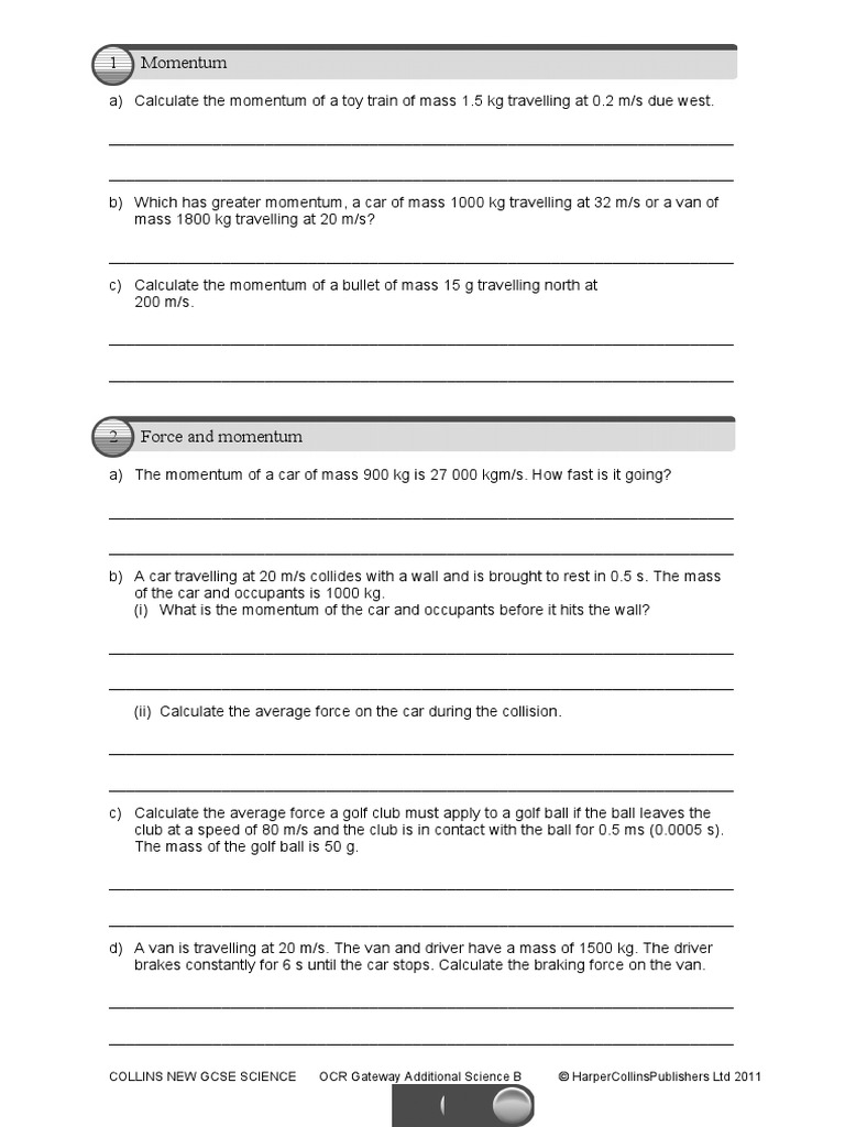 Worksheet Momentum Force Questions | PDF | Momentum | Collision