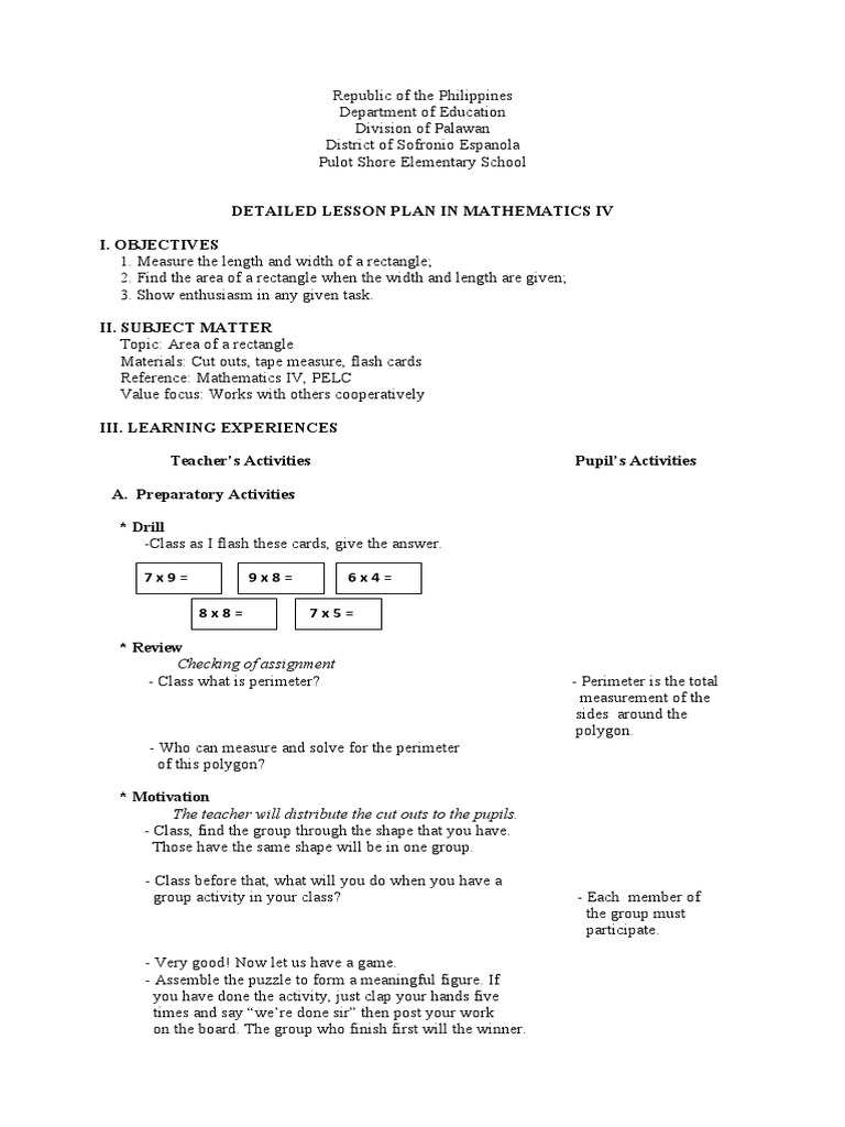 Detailed Lesson Plan in Mathematics | PDF | Area | Length