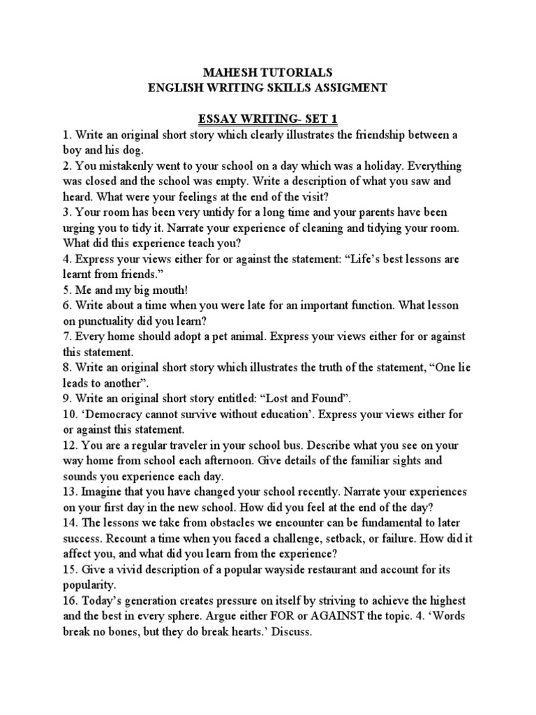 Mahesh Tutorials English Writing Skills Assigment Essay Writing-Set 1 | PDF