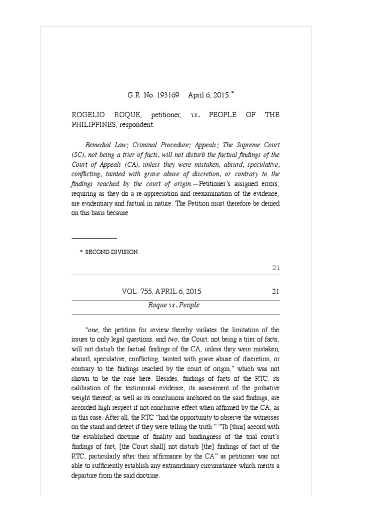 G.R. No. 193169. April 6, 2015. Rogelio ROQUE, Petitioner, People OF ...