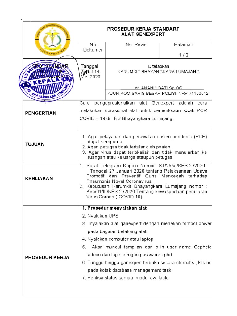 Sop Prosedur Kerja Standart Genexpert | PDF