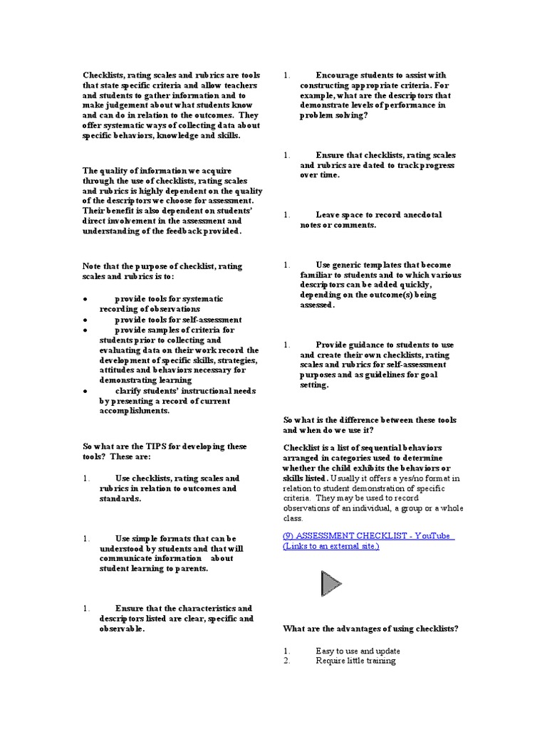 Assessment Tools, EDCN107 | PDF | Rubric (Academic) | Educational ...