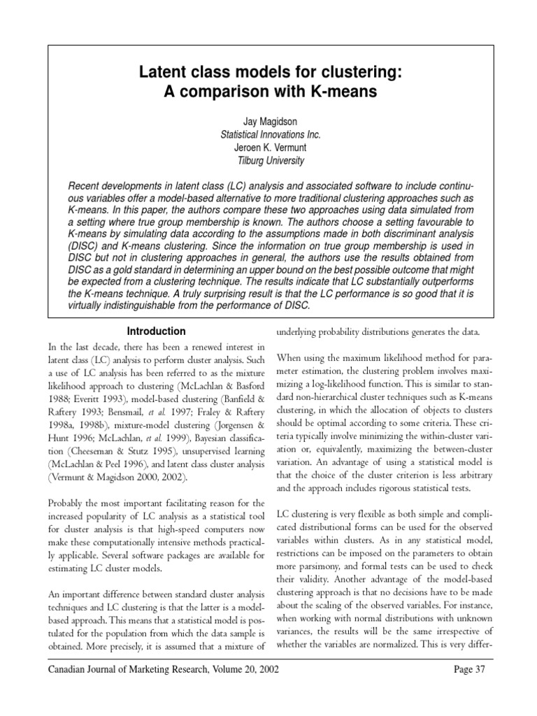 Latent Class Model Clustering Comparisosn With Kmeans Pdf Cluster Analysis Logistic Regression