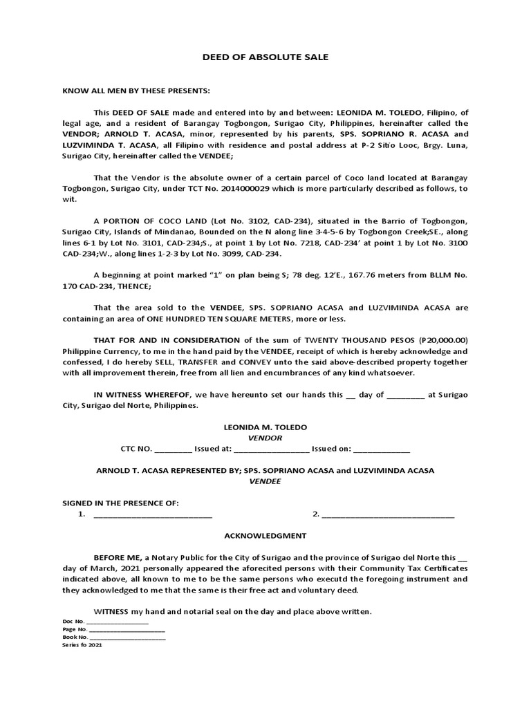 Deed of Absolute Sale | PDF | Private Law | Common Law