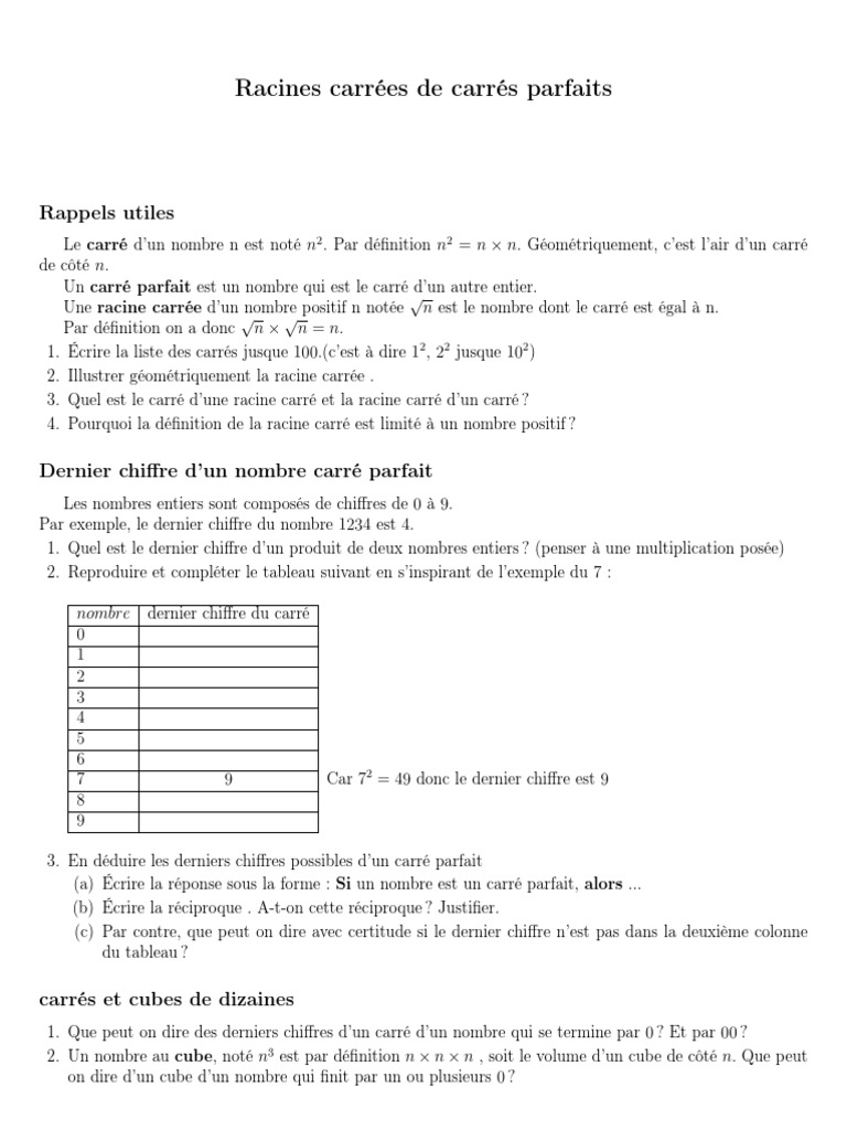 Liste des carrés parfaits et racines | PDF | Racine carrée | Entier naturel