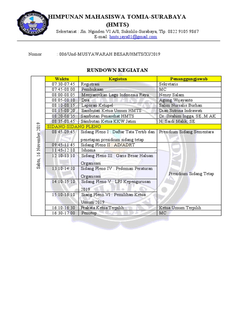 Rundown Kegiatan MUBES HMTS 2019 Belum Fix | PDF
