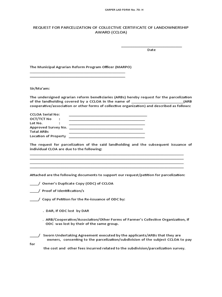 Carper Lad Form No. 70 H - Request For P | PDF | Land Law | Common Law