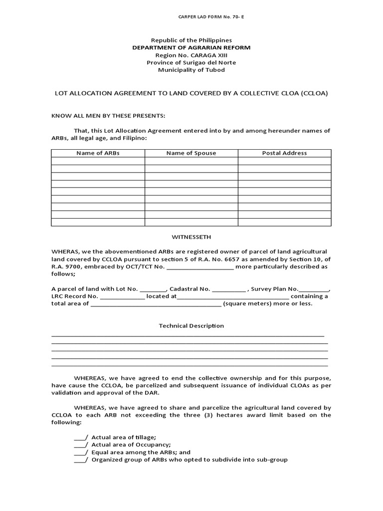 Carper Lad Form No. 70 - E Lot Allo | PDF | Agriculture | Arable Farming