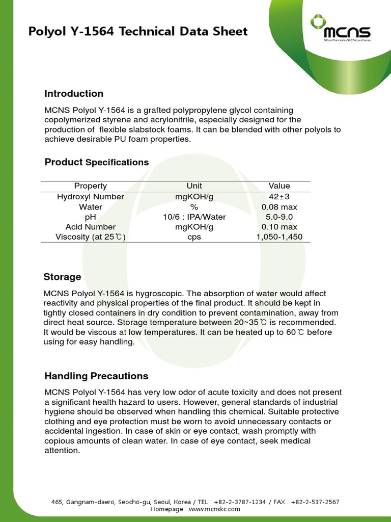 Polyol Y-1564 Technical Data Sheet: Specifications | PDF