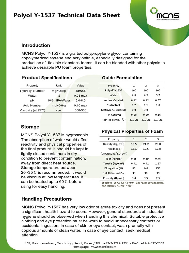 Polyol Y-1537 Technical Data Sheet: Specifications Guide Formulation ...