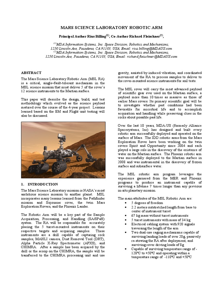 Mars Laboratory Robotic Arm Overview | PDF | Curiosity (Rover) | Rover ...