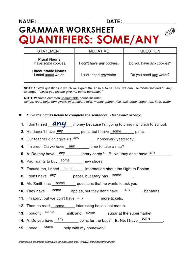 Quantifiers: Some/Any: Grammar Worksheet | Download Free PDF ...