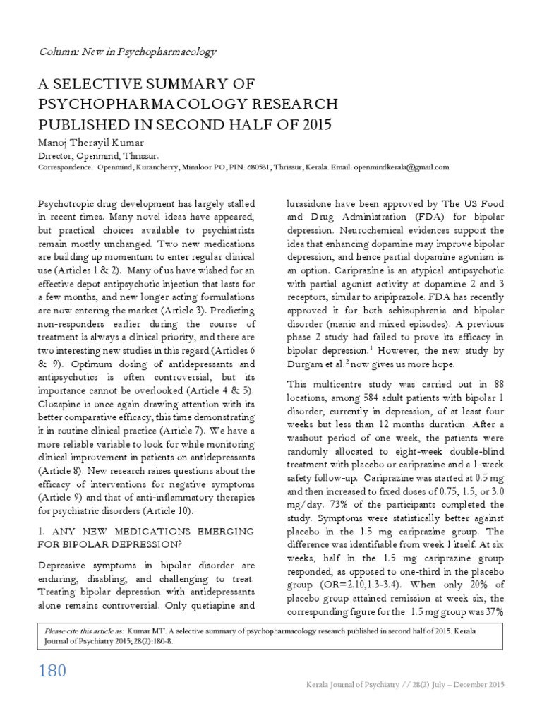 A Selective Summary of Psychopharmacology Research Published in Second ...